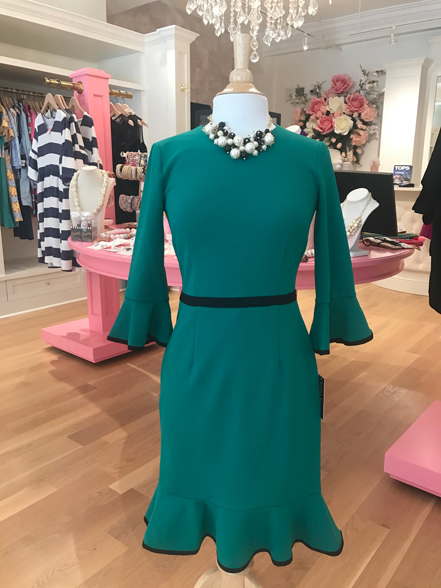 Evergreen Bell Sleeve Dress w/Ruffled Hemline – Sash&Bow